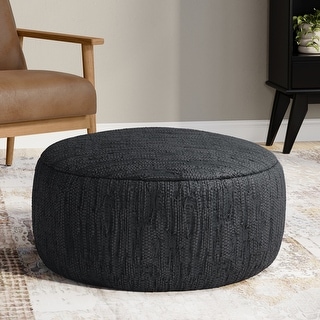 Simpli Home Fredrik 30" Wide Boho Pouf in Black Genuine Woven Leather, Assembled - Bed Bath ...